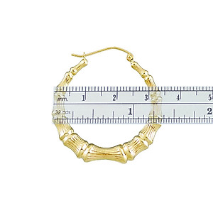 14K Yellow Gold Small Size Round Bamboo Hoop Hollow Earrings 1 3/8 Inches