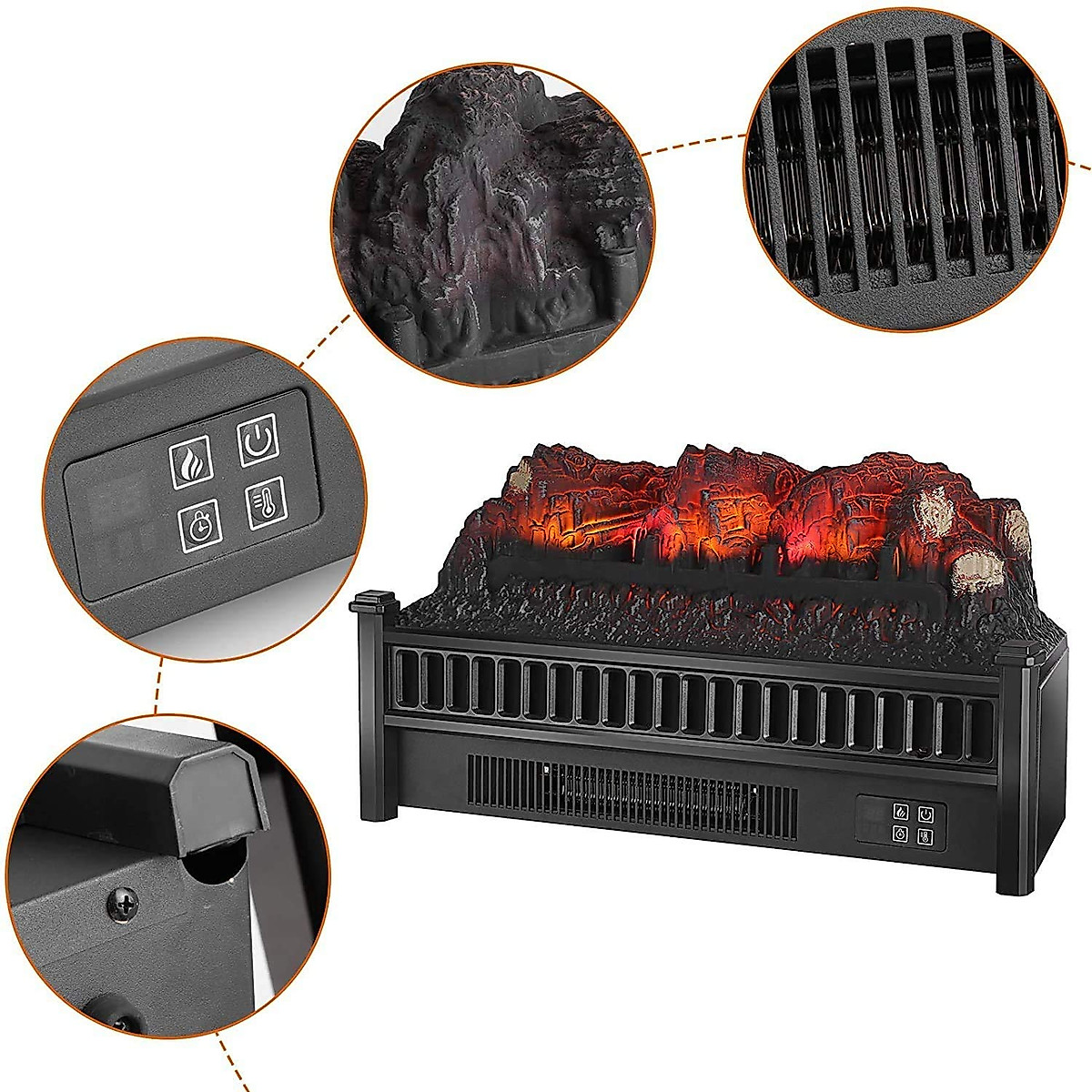 Electric Fireplace 23" Remote Control Fireplace Insert Log Heater, Realistic Pinewood Ember Bed, Level 3 Adjustable Flame, Overheat Protection, Thermostat, Timer, 1400W Black