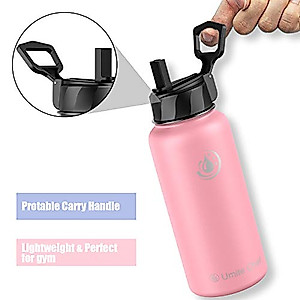 Umite Chef Sports Water Bottle with New Wide Handle Straw Lid, Vacuum Insulated Stainless Steel Thermos Mug, 32 oz Double Walled Wide Mouth Water Bottle ,Leak Proof, Sweat Free (Flamingo)