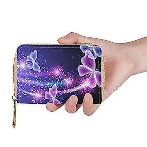 Boatee Purple Butterfly Credit Card Holder for Women Small Portable Leather Wallet with Zipper Card Case Protector