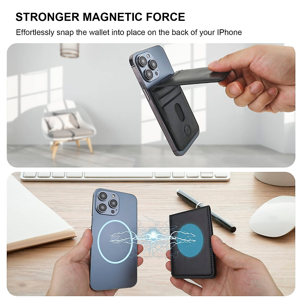 KIHUWEY for MagSafe Wallet Card Holder with Magnetic, Mag Safe Leather Detachable Kickstand RFID Wallet for iPhone 16/15/14/13/12 Pro Max Plus Not for iPhone 13/12 Mini (Black)