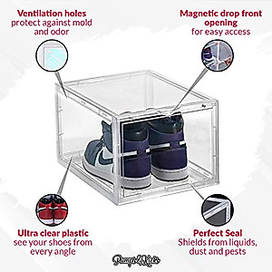 PUMPS&KICKS Shoe Storage Organizer Boxes | 3 Pack | Clear Plastic | Stackable for Closet | Drop Front Opening | Extra Large for High Top sneakers, Mens size 14 and Womens High Heels (Clear)