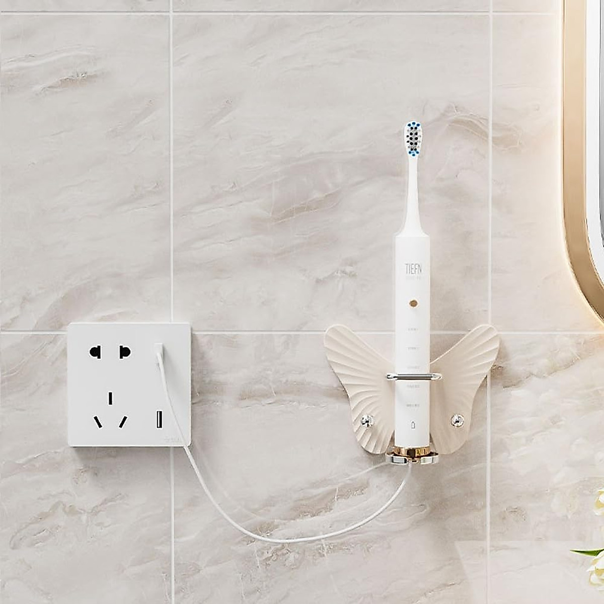 WAYUTO 2Pcs Butterfly Hairbrush Holders Punch Free Comb Holder Wall-Mount Comb Display Rack Rubber Band Hand Mirror Organizer Plastic Round Hair Brush Storage Holder for Salon Bathroom Home