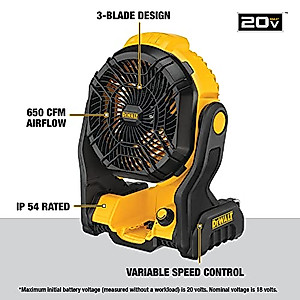 DEWALT 20V MAX Jobsite Fan, Cordless, Portable, Bare Tool Only (DCE512B), 12x8x14 inches, Yellow/Black
