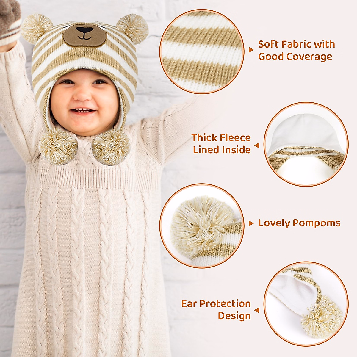 Century Star Baby Boy Hat Winter Fleece Lined Hat Knit Earflap Kids Caps Infant Toddler Hats for Baby Girls with Pom Pom Bear Navy 0-12 Months