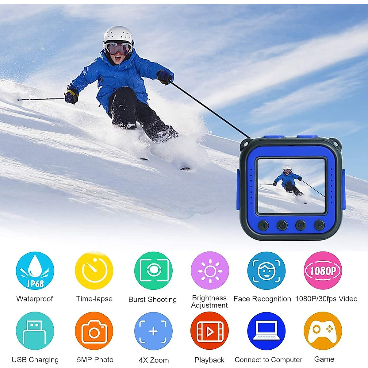 PROGRACE Kids Waterproof Camera for Kids Action Video Digital Camera 1080 HD Toy Camera for Boys Birthday Christmas New Year Gifts, Blue