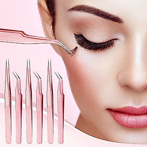 Mudder 6 Pcs Lash Tweezers Precision Eyelash Tweezers for Lash Extension, Straight and Curved Tip, Stainless Steel for False Volume Eyelash Application Tools(Rose Gold)