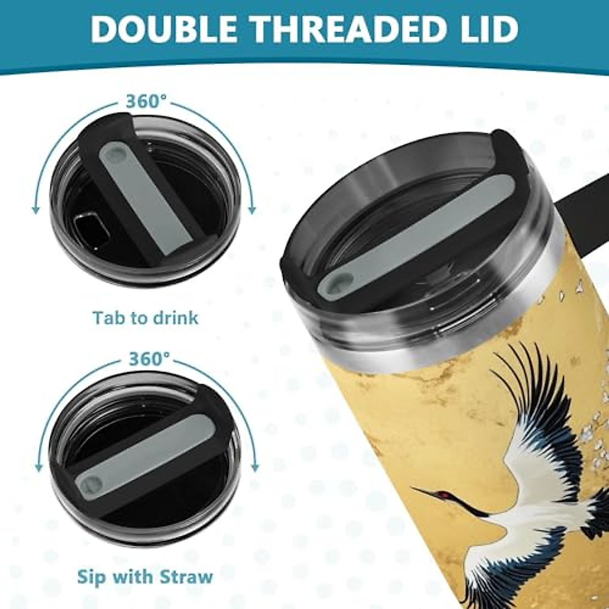 Flradish 40oz Tumbler with Handle, Grus Japonensis Stainless Steel Tumbler with Lid and Straws Double Wall Vacuum Insulated Leakproof Coffee Travel Mug