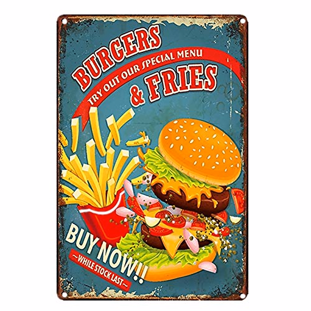 AMELIA SHARPE Metal Sign Hamburger and French Fries Decoration bar Restaurant Garage Fast Food Restaurant Sign Wall Retro Tin Sign 12x8“
