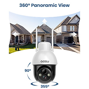 AOSU Solar Security Camera Wireless Outdoor with Panoramic PTZ, Human Auto Tracking, 2K Night Vision, Light and Sound Alarm, 2-Way Audio, Compatible with Alexa/Google Assistant