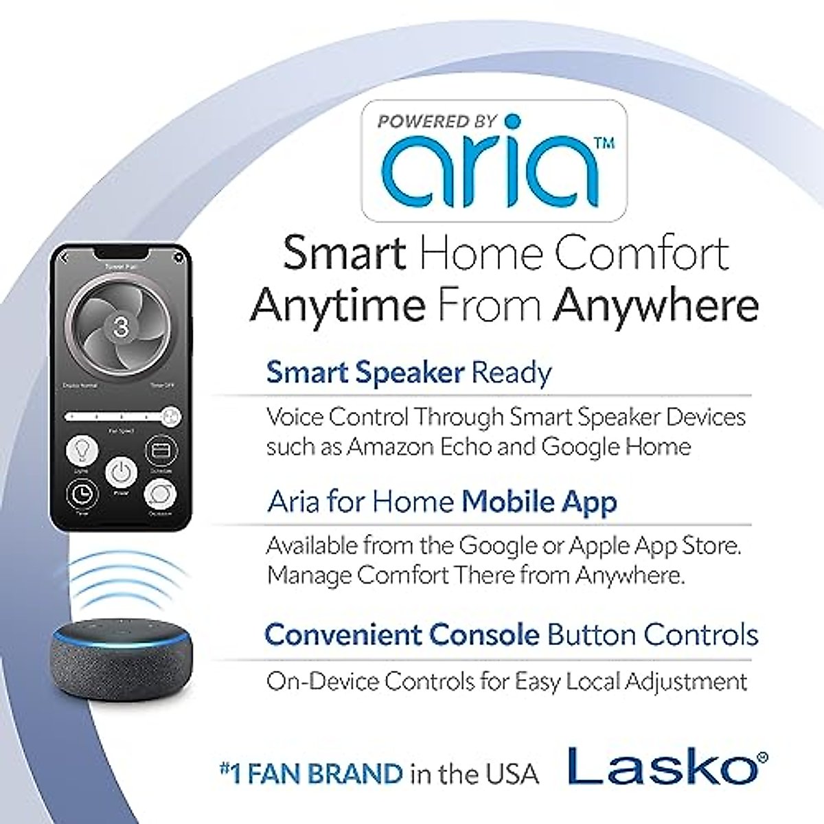 Lasko Smart Oscillating Tower Fan Powered by Aria, Wi-Fi Connected, Voice Controlled, Compatible with Alexa and Google Assistant, Timer, 5-Speeds, 40", White, T40735, Large