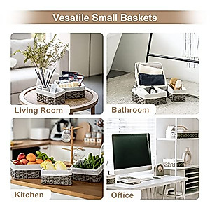 FairyHaus Wicker Baskets for Organizing 3 Pack, Waterproof Small Wicker Storage Basket for Shelves Rectangle, Nesting Lined Grey Wicker Basket