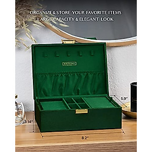 Benevolence LA Large Jewelry Storage Box, Velvet Jewelry Boxes for Women | Earring Organizer for Women, 2 Layer Jewelry Organizer Box for Necklaces, Bracelets, Rings - Emerald Green