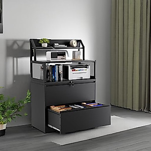 Rophefx File Cabinet with Shelves, 2 Drawers Lateral File Cabinet, Printer Stand with Open Storage Shelf, Metal File Cabinet with Lock, Black