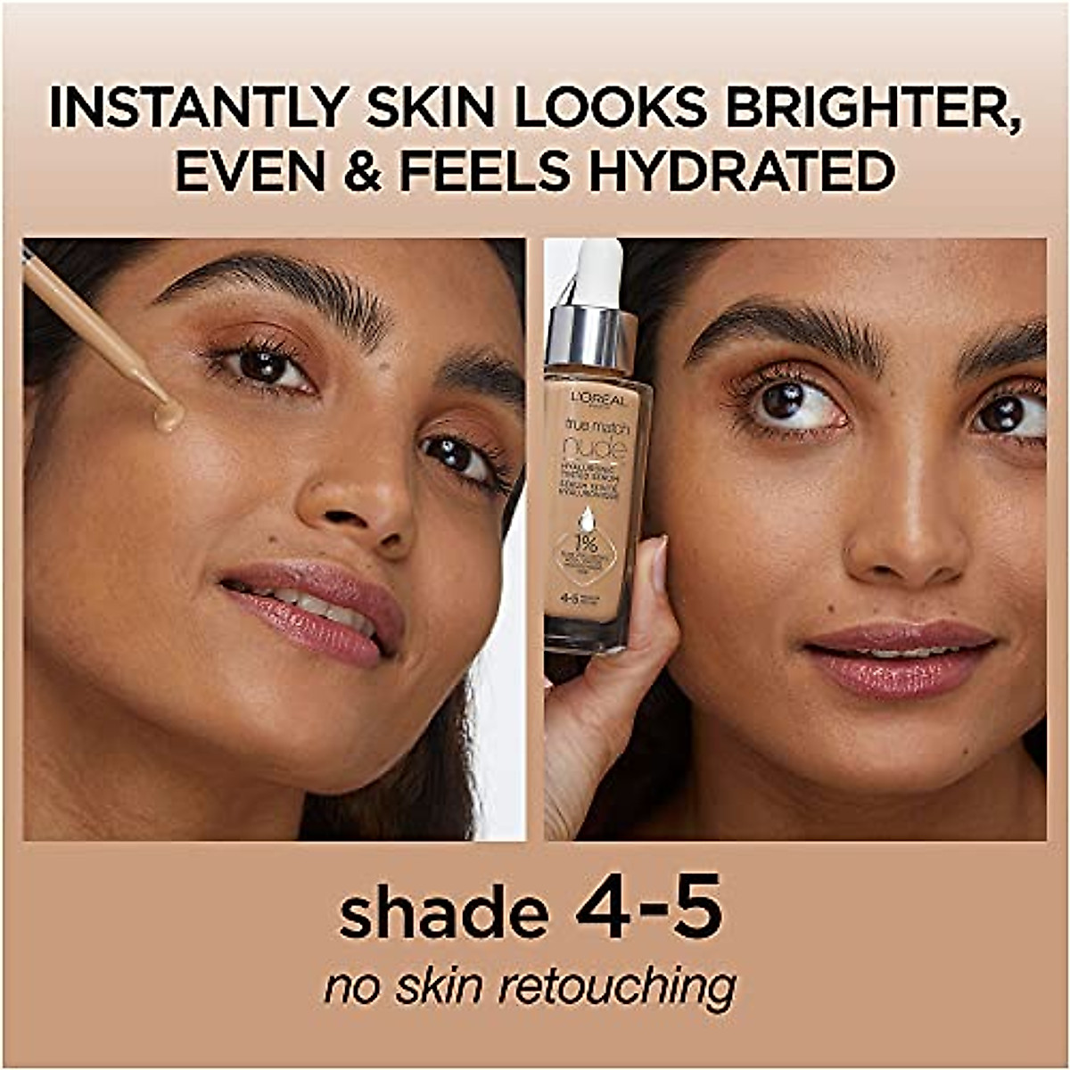 L'Oreal Paris True Match Nude Hyaluronic Tinted Serum Foundation with 1% Hyaluronic acid, Medium 4-5, 1 fl. oz.