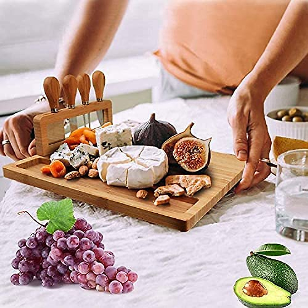 Cheese Board and Knife Set - Charcuterie Board Set, Cheese Platter Board, Bamboo Cheese Board with Cutlery Set, Cheese Tray, Wooden Cheese Board Set, Cheese Cutting Board Set, Cheese Plate Set