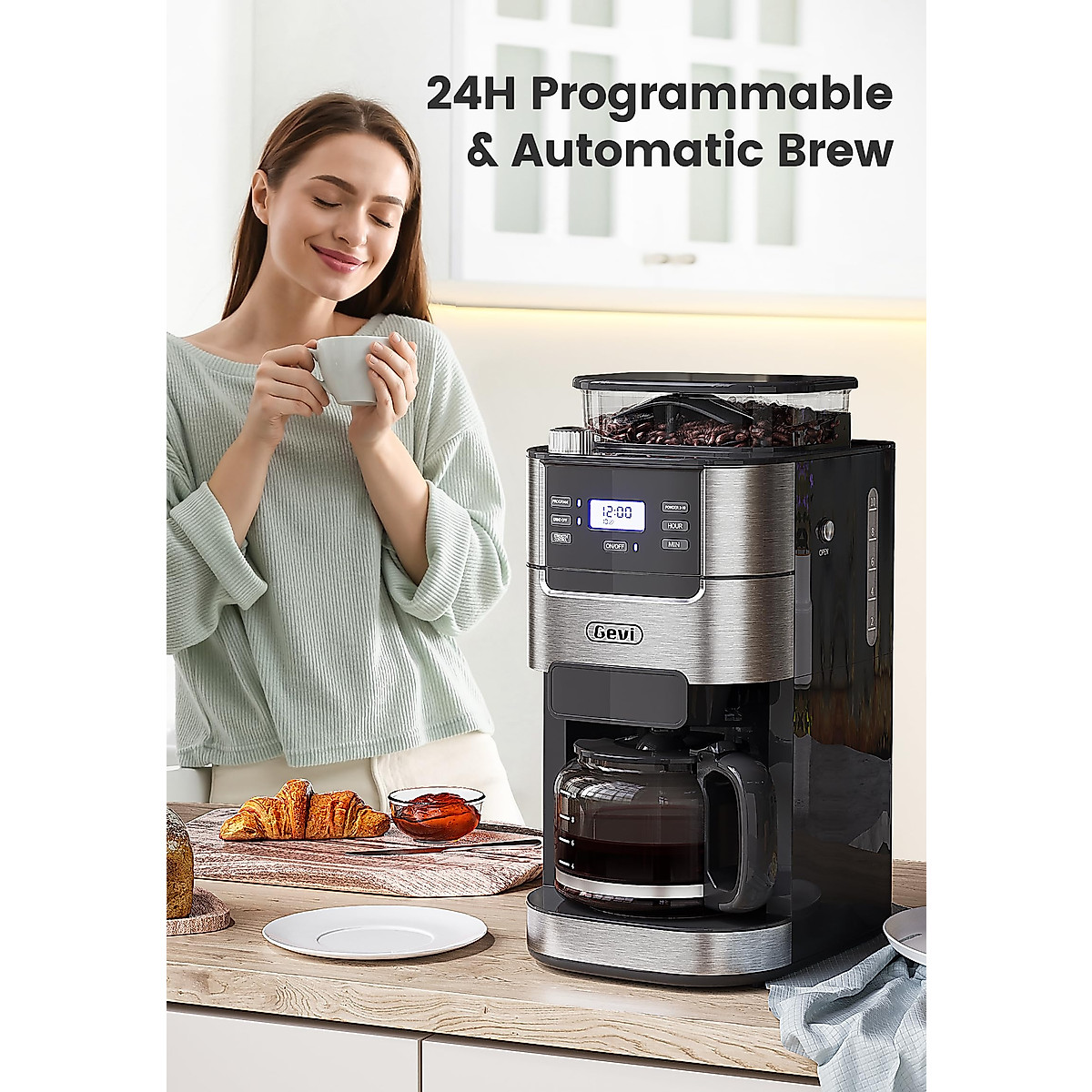 Gevi 10-Cup Coffee Maker with Grinder, Programmable Grind & Brew, 1.5L Water Reservoir, Keep Warm Plate Coffee Machine and Burr Grinder Combo