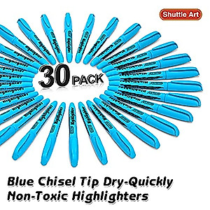 Shuttle Art Highlighters, 30 Pack Blue Highlighters Bright Colors, Chisel Tip Dry-Quickly Non-Toxic Highlighter markers for Adults Kids Highlighting in the Home School Office