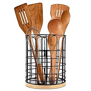 DeaLott Kitchen Utensil Holder for Countertop, 7.28'' Large Cooking Utensils Holder with Bamboo Base, Black Metal Wire Utensil Holder for Countertop, Kitchen Countertop Utensil Organizer