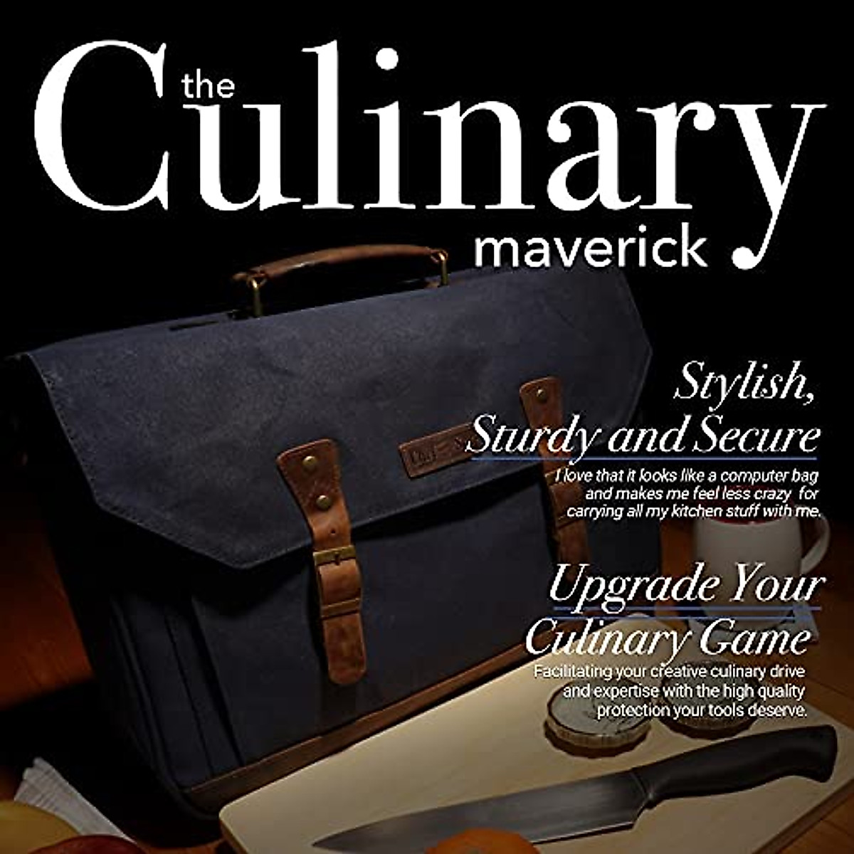 Chef Messenger Knife Bag | Waxed Canvas Chef Knife Bag | Waterproof Material | Chefs Case with 24+ Pockets for Knives & Utensils | Culinary Gifts For Chefs & Students | Sturdy Travel Chef Bag (Blue)