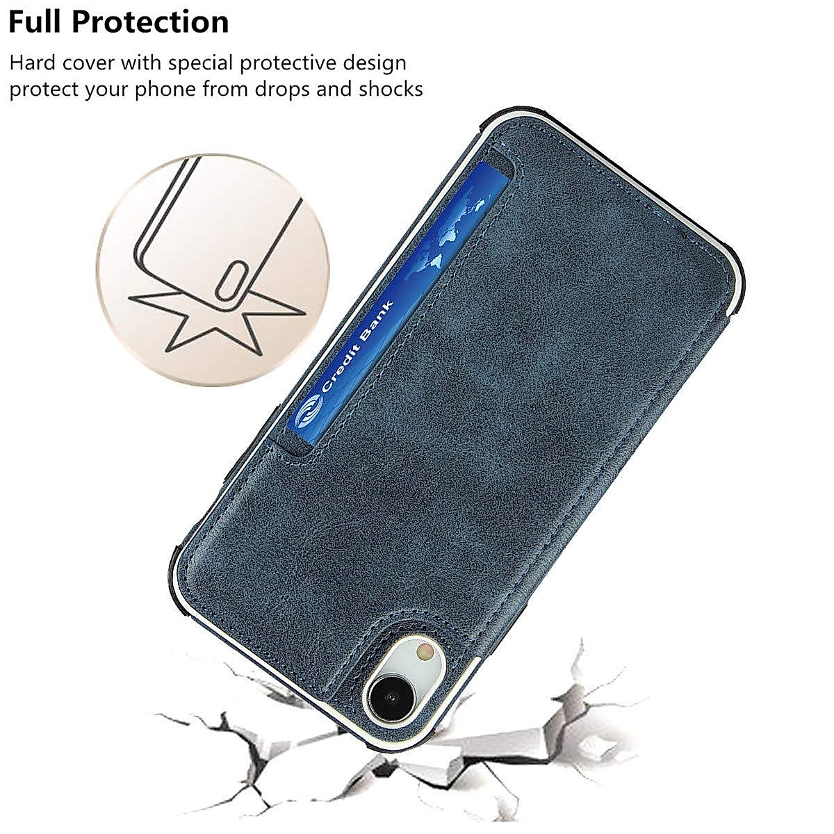 iCoverCase iPhone XR Wallet Case, iPhone XR Case with Card Slots Holder and Wrist Strap PU Leather Kickstand Double Magnetic Clasp Shockproof Cover Case for iPhone XR 6.1 Inch (Blue)