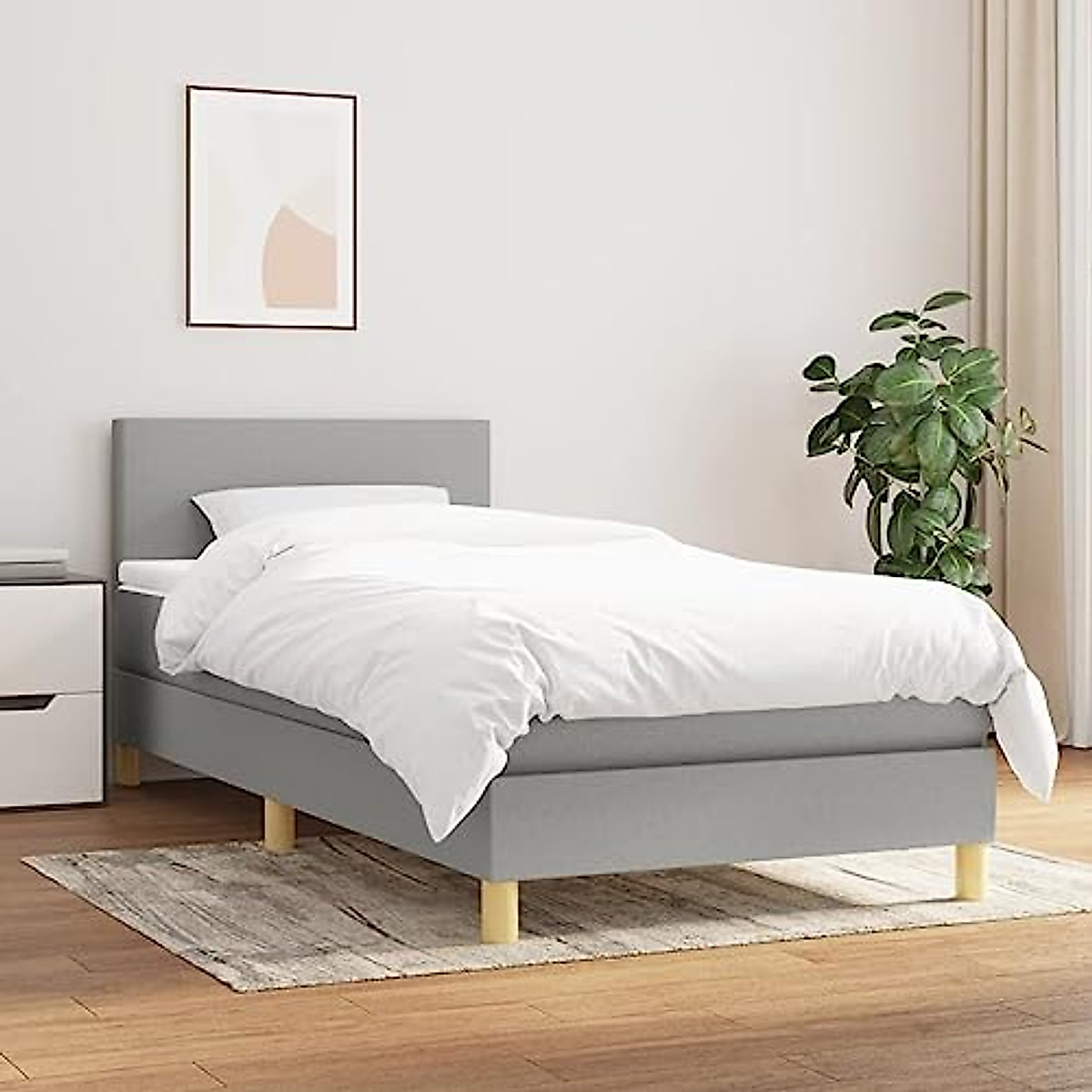 vidaXL Bed Frame, Box Spring Bed Single Platform Bed with Mattress, Bed Frame Mattress Foundation with Headboard for Bedroom, Light Gray Twin Fabric