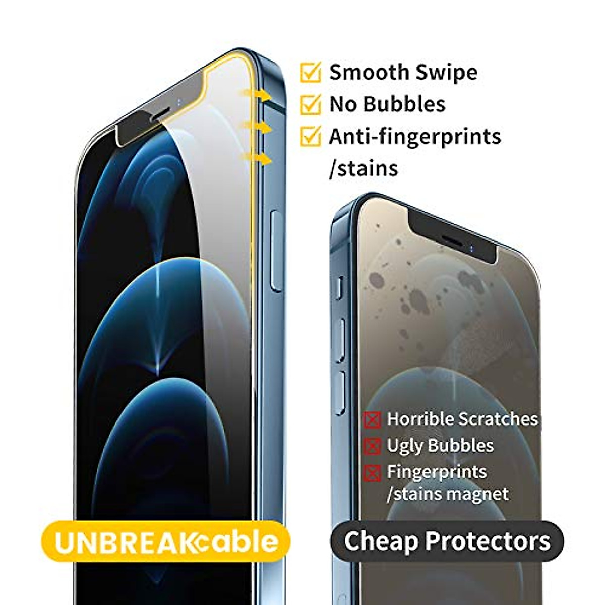 UNBREAKcable 3-Pack Screen Protector for iPhone 12 Pro Max, Double Shatterproof Tempered Glass [Easy Installation] [9H Hardness] [99.99% HD Clear] [Case Friendly] for iPhone 6.7 inch
