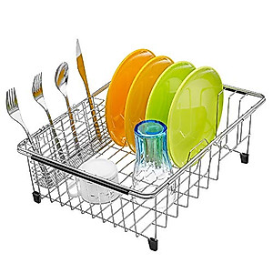 iPEGTOP Expandable Deep Large Dish Drying Rack and Utensil Cutlery Holder, Rustproof Stainless Steel Over Sink Dish Rack Basket Shelf, Dish Drainer in Sink or On Counter