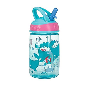 Nuby Flip-it Kids On-The-Go Printed Water Bottle with Bite Proof Hard Straw - 12oz / 360 ml, 18+ Months, 1 Pack of 1 Piece, Prints May Vary