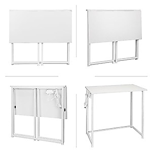 ErgoDesign Folding Computer Desk with Power Outlets for Small Spaces, No-Assembly Space-Saving Home Office Desk, Foldable Computer Table (White)