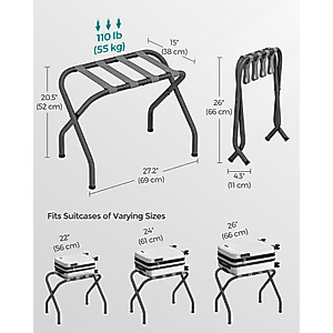 SONGMICS Luggage Rack for Guest Room, Suitcase Stand, Foldable Steel Frame, for Hotel, Bedroom, Holds up to 110 lb, 27.2 x 15 x 20.5 Inches, Slate Gray URLR001G01