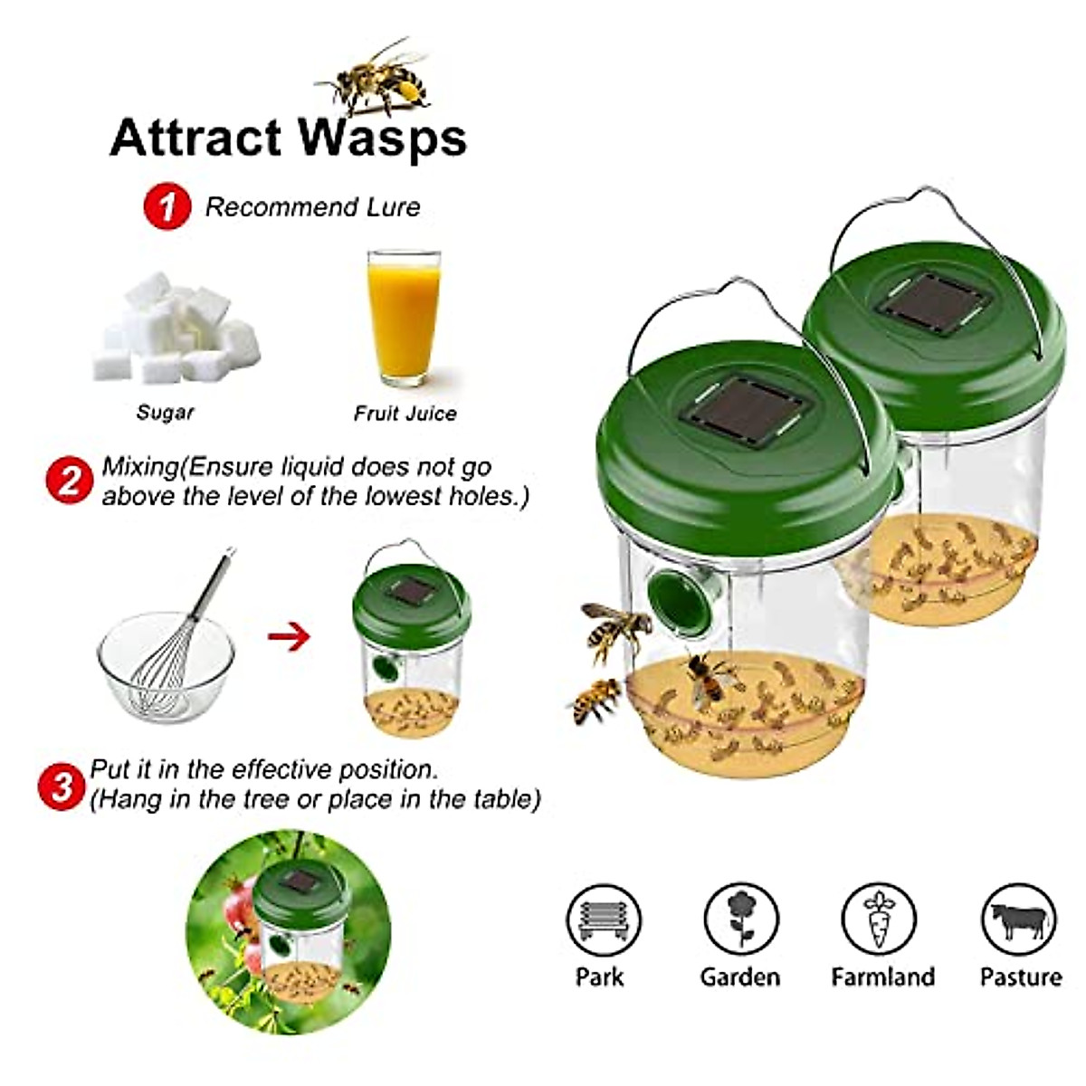KENW Wasp Trap, 2 Pack Wasp Traps Outdoor Hanging, Solar-Powered Yellow Jacket Trap, Bee Traps for Outside, Hornet Trap, Wasp Killer, Effective Hornet Traps Outdoor Hanging, Bee Catchers for Outside