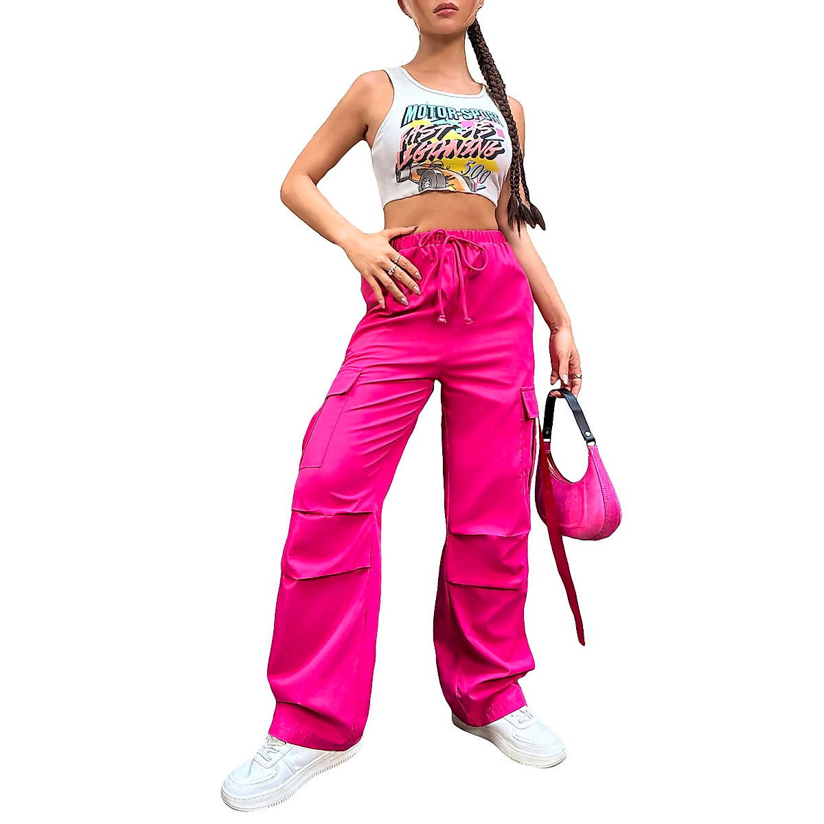 GORGLITTER Women's Drawstring Cargo Pants Flap Pocket High Elastic Waisted Baggy Pants Trousers Hot Pink Medium