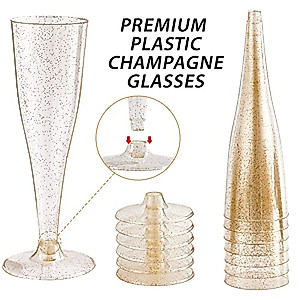 FOCUSLINE 100 Pack Plastic Champagne Flutes, 4.5 Oz Gold Glitter Plastic Champagne Glasses, Disposable Clear Toasting Glasses Recyclable Plastic Champagne Cups for Wedding Party