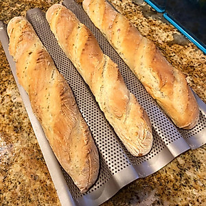 TOPZEA 2 Pack Perforated Baguette Pan, Nonstick French Bread Baking Tray, 3 Wave Long Loaf Bake Mold Small Oven Toaster Pans for Toasting Hoagie Roll, Hot Dog Bun, 11.25" x 9.5"