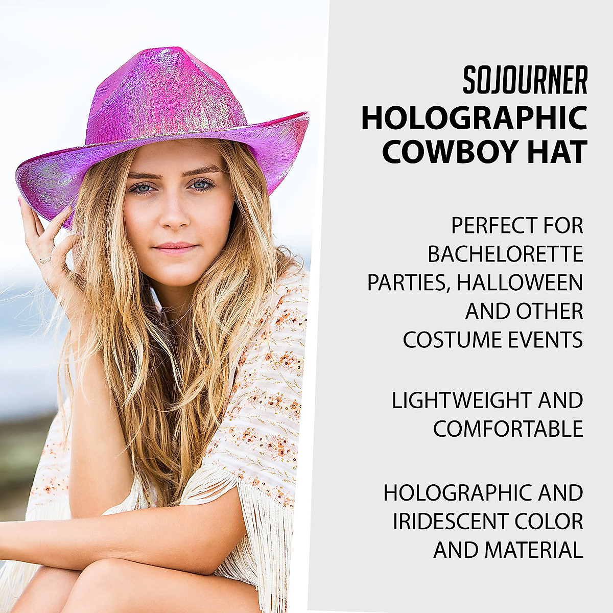 SoJourner Bags Neon Sparkly Glitter Space Cowboy Hat - Fun Metallic Purple Holographic Halloween Party Disco Cowgirl Hat for Birthday & Bachelorette