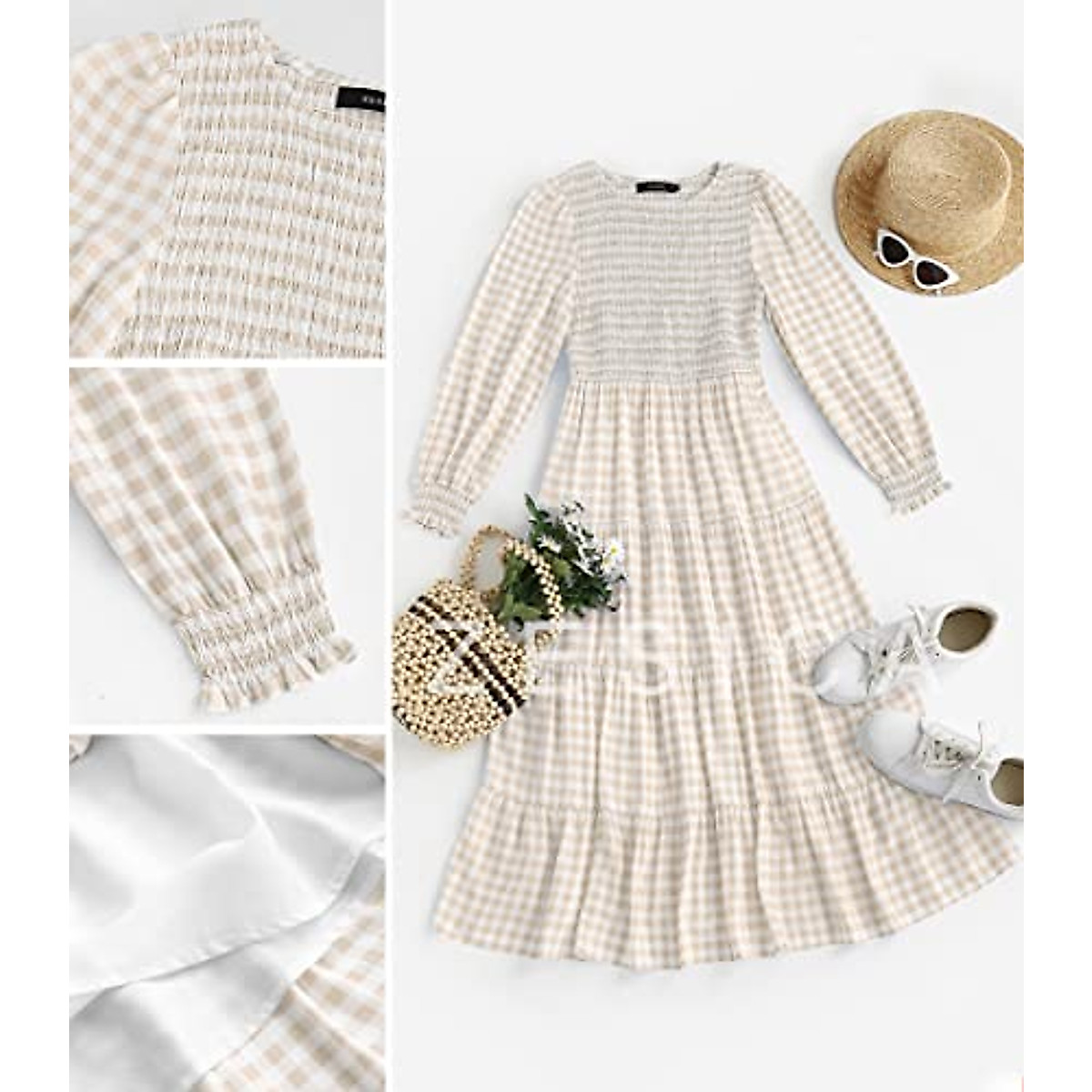 ZESICA Women's Casual Plaid Crew Neck Long Puff Sleeve Elastic Waist Smocked Flowy Tiered Midi Dress,Beige,Medium