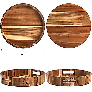 Elsjoy 13 Inch Round Wooden Serving Tray, Acacia Wood Tray Decorative Ottoman Tray with Handles, Acacia Serving Tray for Ottoman, Breakfast, Raised Edge