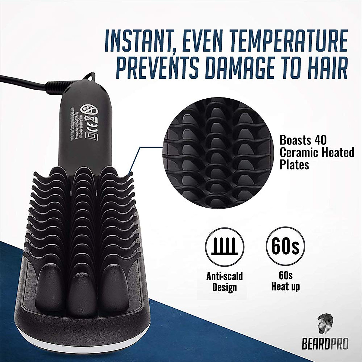 BeardPro Beard Straightening Brush - Professional Grade Anti Frizz Ionic Wet/Dry Hair Straightener with Ceramic Plate - Portable Heated Hairbrush & Styling Tool for Men