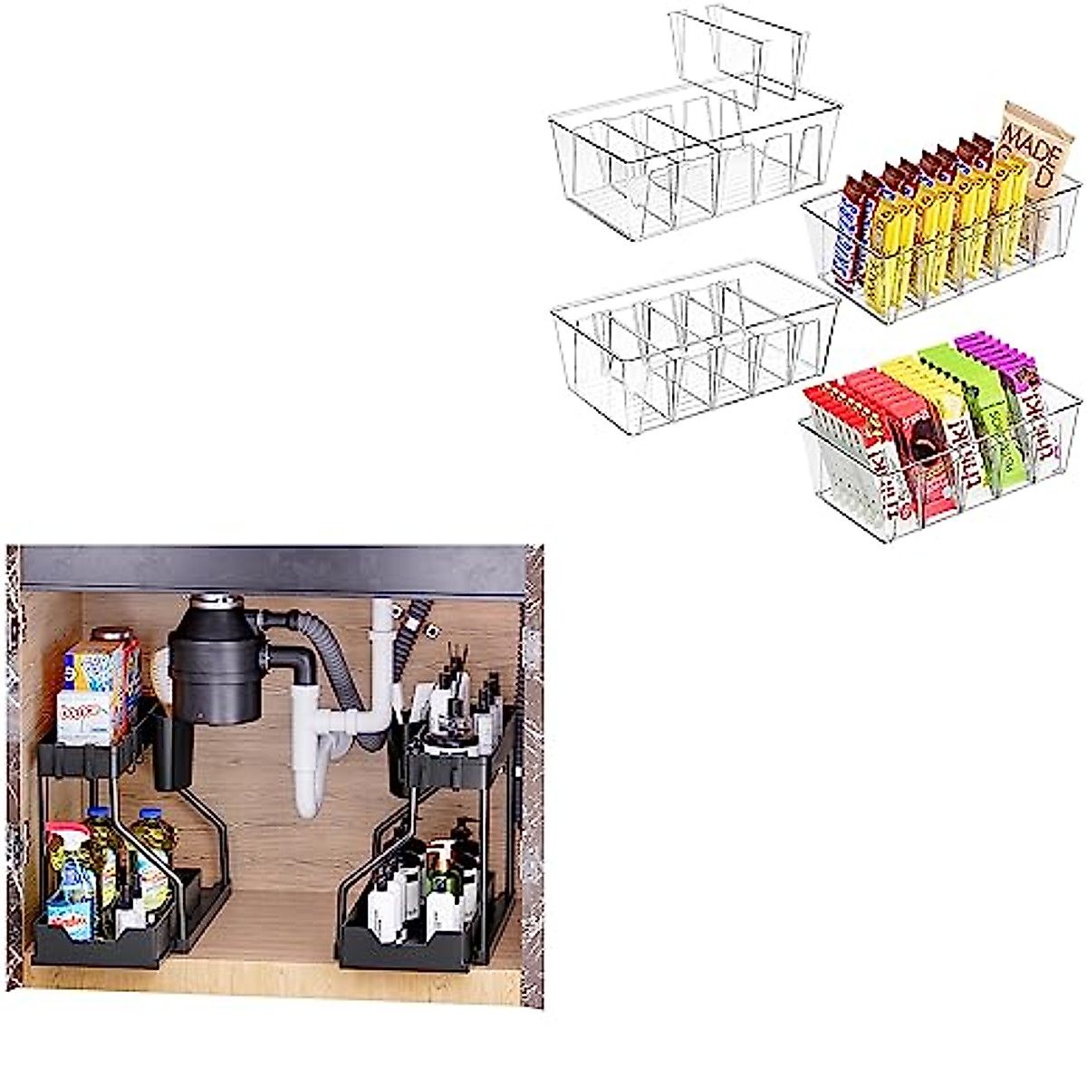 Puricon 4 Pack Pantry Organization and Storage Bins for Kitchen Fridge Countertop Cabinet Bundle with 2 Pack Under Sink Organizer, 2-Tier L-Shape Sliding Under Sink Organizers and Storage