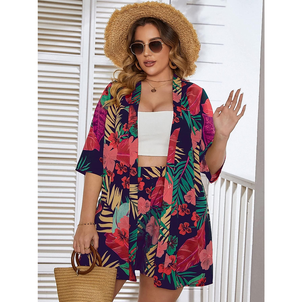 Floerns Women's Plus Size 2 Piece Outfit Tropical Print Kimono Top and Shorts Set Navy Blue 3XL