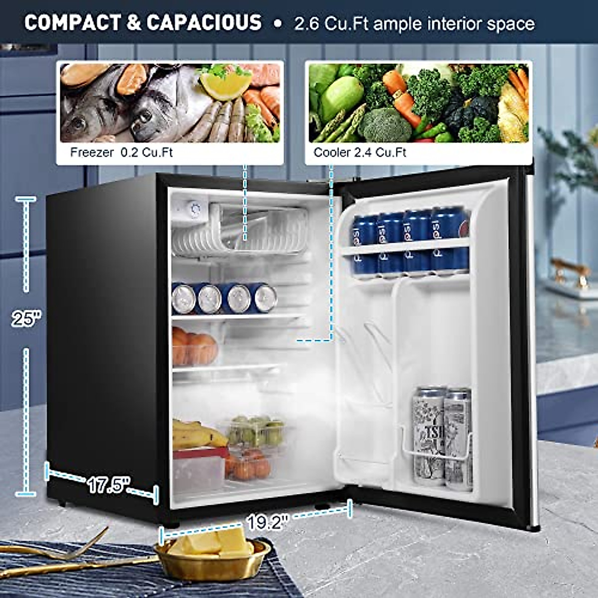 E-Macht 2.6 Cu.Ft. Mini Fridge with Freezer, Single Door Compact Refrigerator,Removable Glass Shelves, Reversible Door, Small Refrigerator for Apartment, Office, Dorm