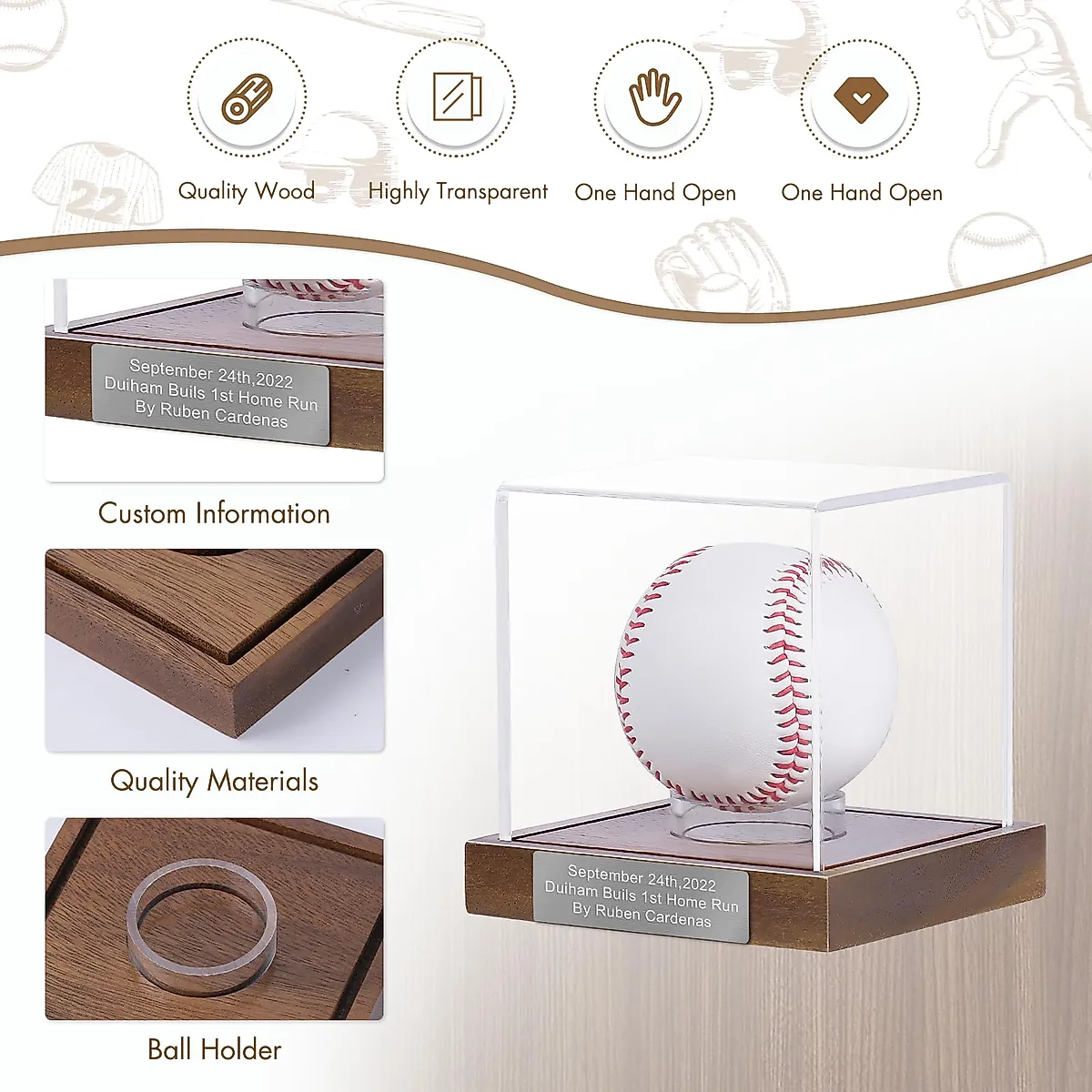 Walnut Baseball Display Case with UV Protected Acrylic Storage Box and Engraving, Silver Stand