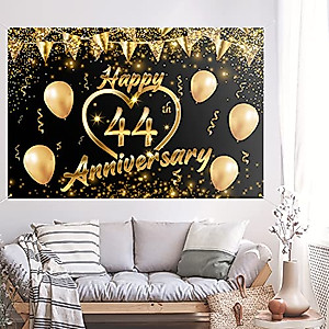 Happy 44th Anniversary Backdrop Banner Decor Black Gold – Glitter Love Heart Happy 44 Years Wedding Anniversary Party Theme Decorations for Women Men Supplies 3.9x5.9 ft