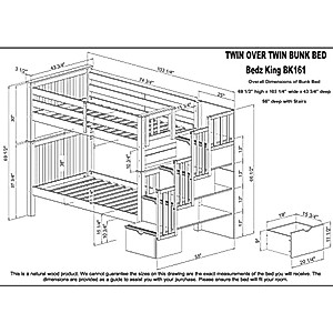 Bedz King Tall Stairway Bunk Beds Twin over Twin with 4 Drawers in the Steps and 2 Under Bed Drawers, Dark Cherry