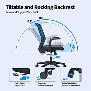 Desk Chair, Ergonomic Office Chair with Movable Cushion Lumbar Support, Mesh Chair with Fixed Armrest and PU Wheels Tilting & Height Adjustment Desk Chair, Black