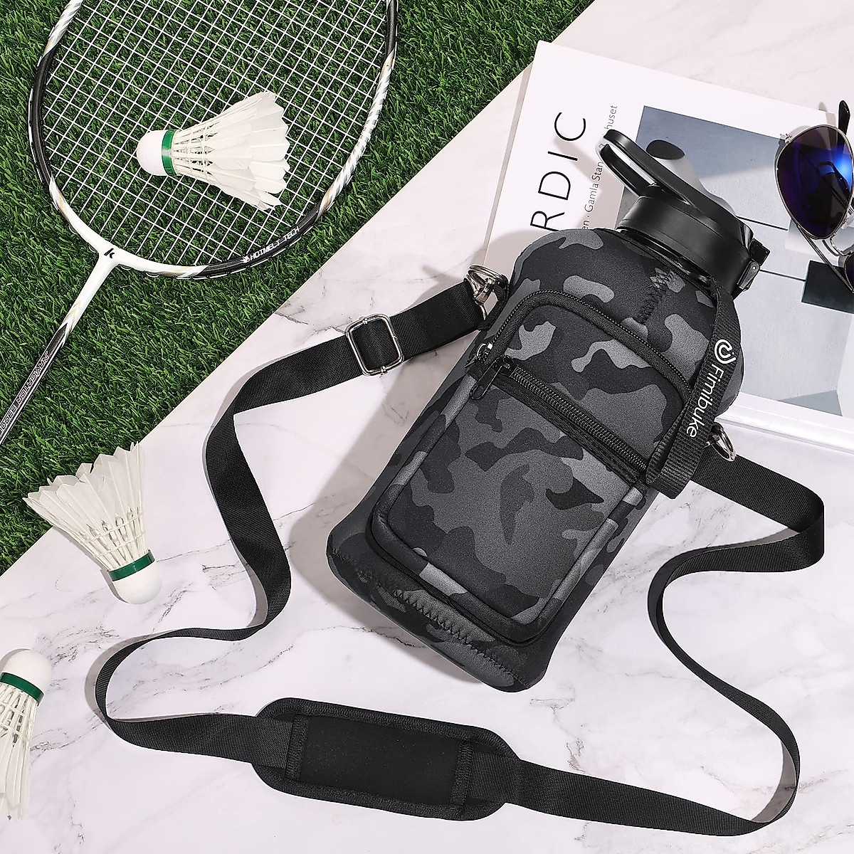 Fimibuke Half Gallon Water Bottle with Sleeve 64 OZ Water Bottle with Handle & Straw Leakproof Motivational Sports Gym Water Bottle with Time Marker BPA Free Water Jug with Neoprene Holder - Camo