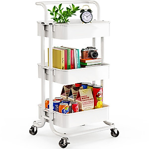 3 Tier Mesh Utility Cart, Rolling Metal Organization Cart with Handle and Lockable Wheels, Multifunctional Storage Shelves for Kitchen Living Room Office by Pipishell White