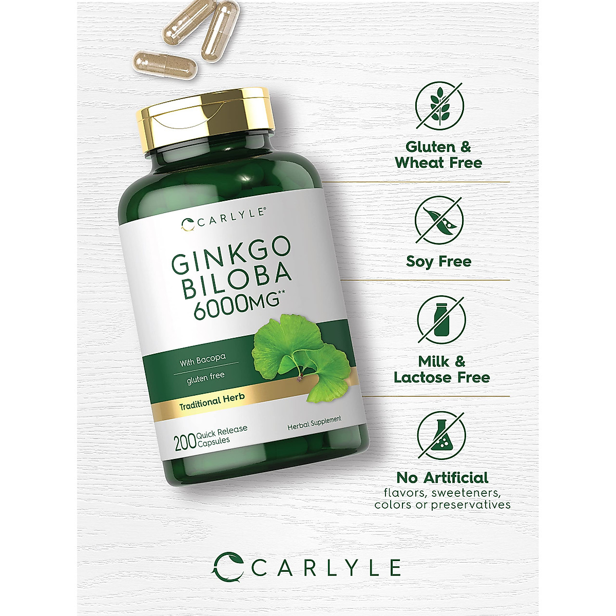 Carlyle Ginkgo Biloba Pills | 6000mg | 200 Capsules | Maximum Strength | Non-GMO, Gluten Free Supplement