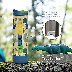 Elemental Iconic Kids Water Bottle with Straw Lid & Stress Reliever Pop It Handle, Leak-Proof When Closed, Triple Insulated Stainless Steel Reusable Thermos Water Bottle, 20oz - Dinosaur